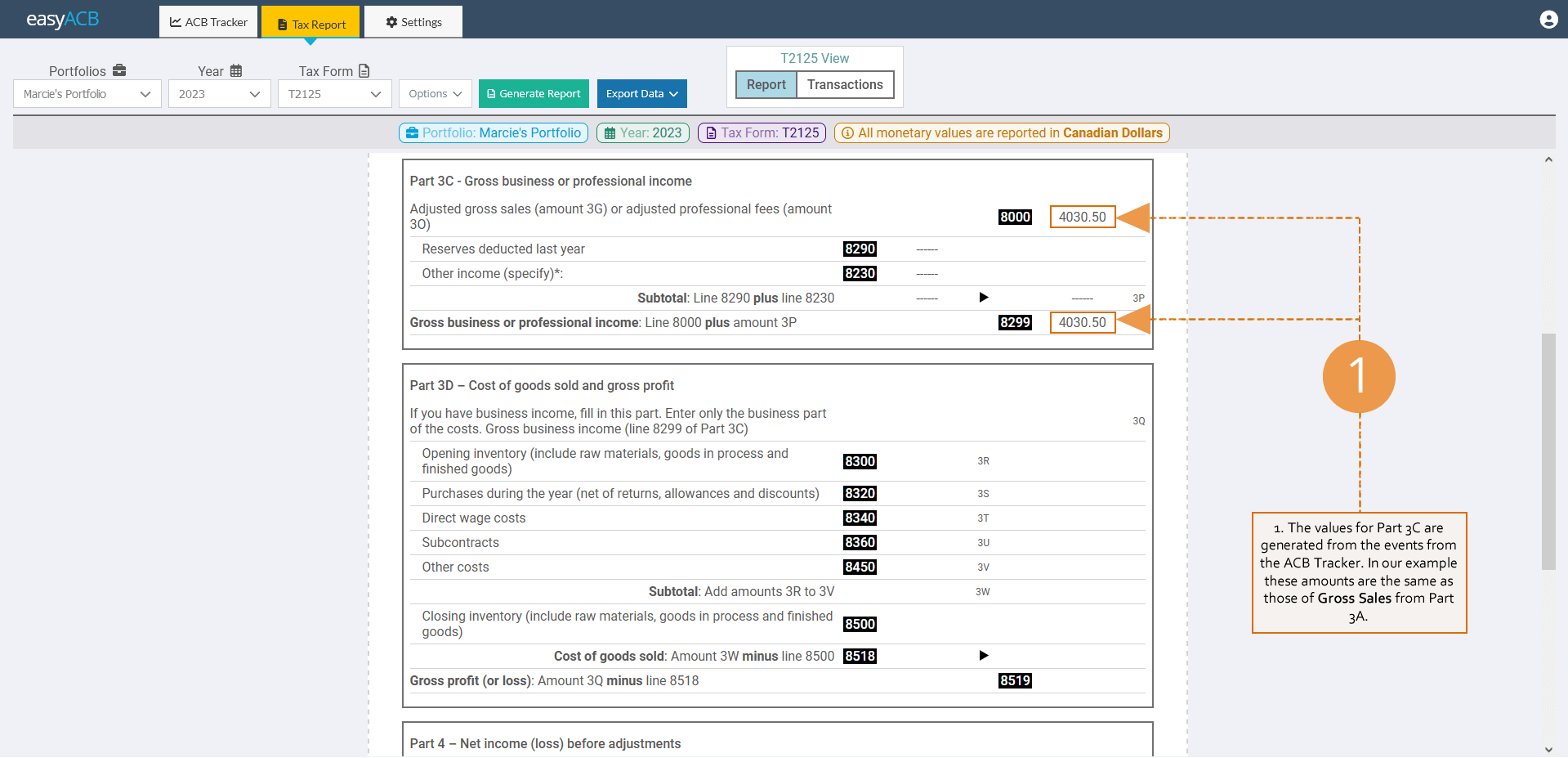Report gross sales on part 3c of T2125, generated by easyACB