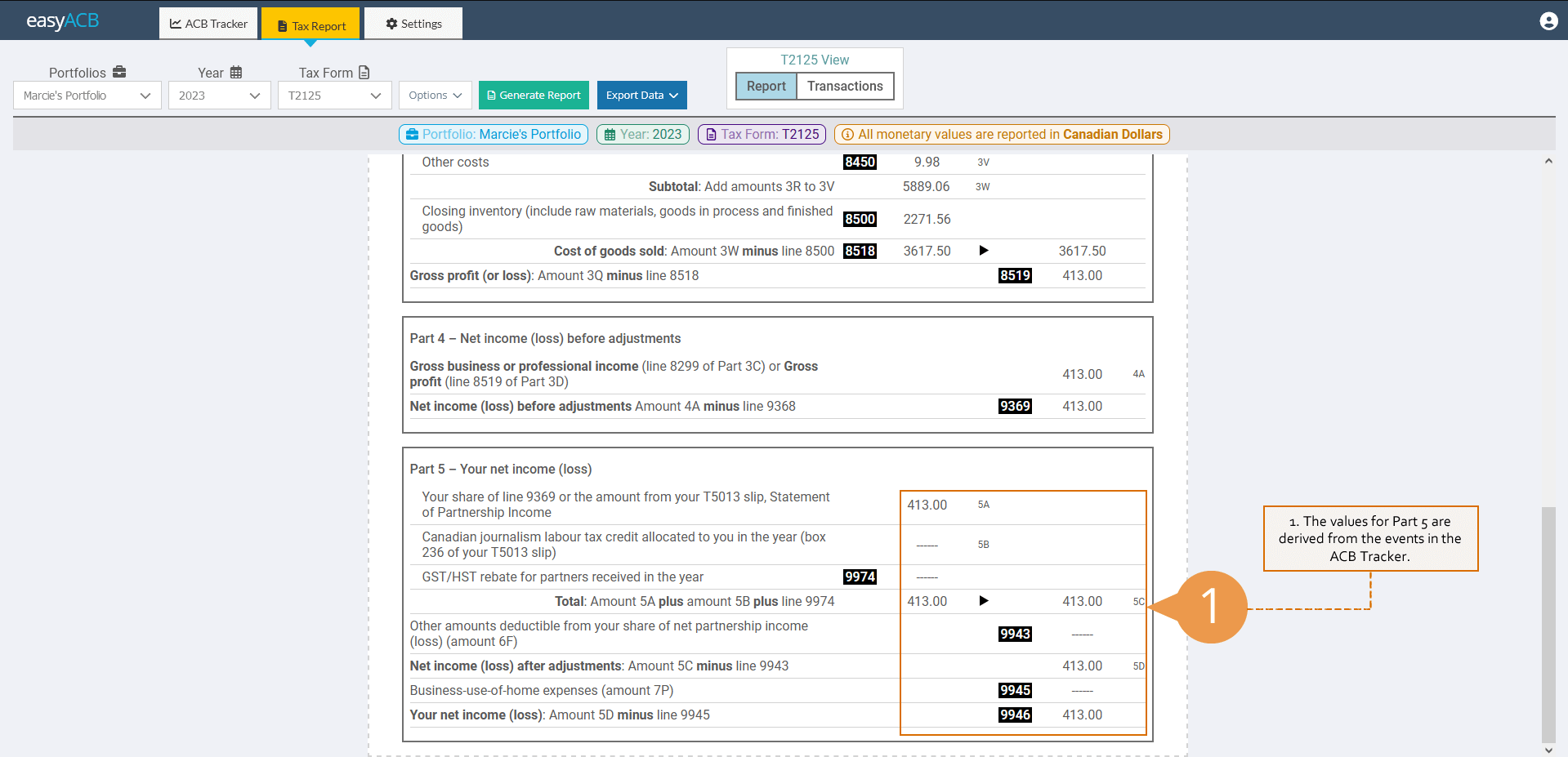 Report net income before adjustments on part 5 of T2125, generated by ...