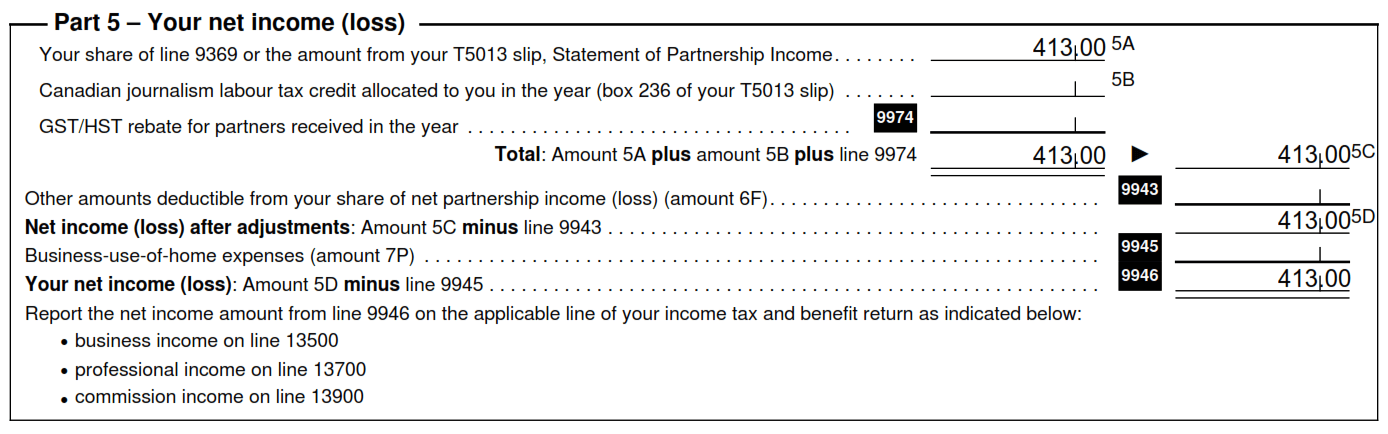 Report net income on part 5 of T2125