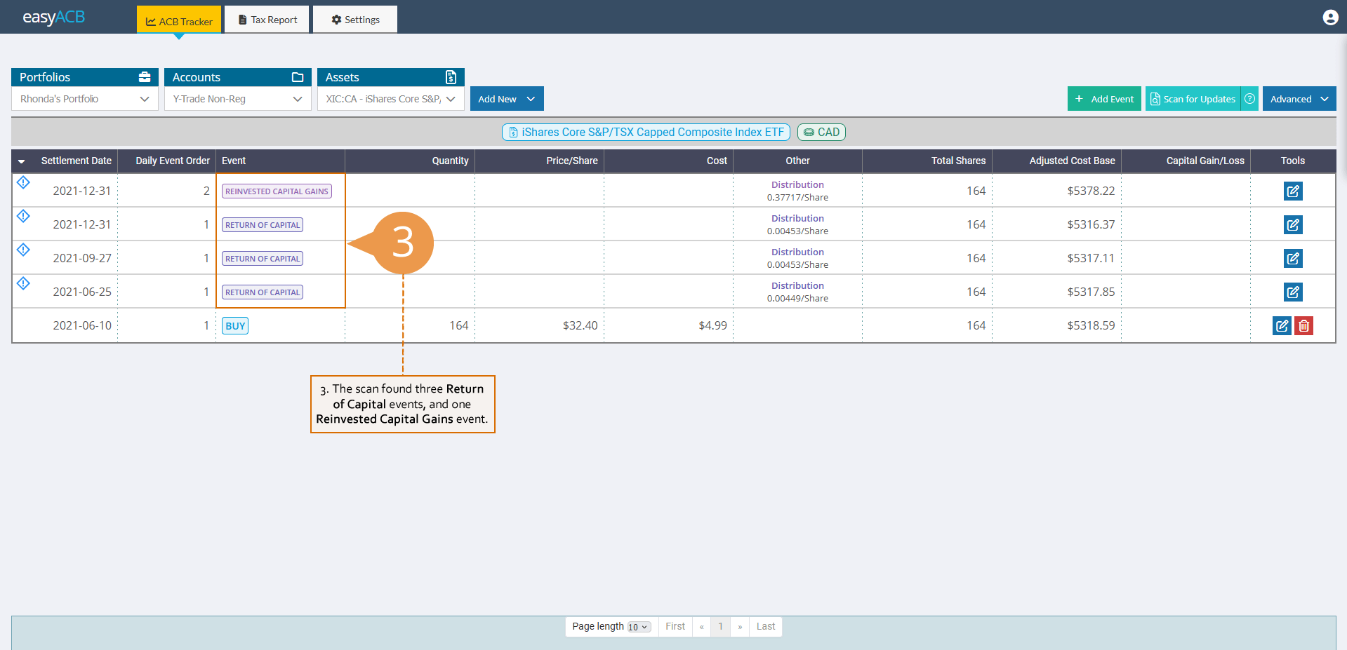 After Scan for Update is complete the Return of Capital events are ...