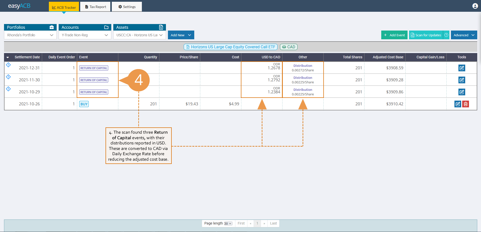 After Scan for Update is complete the Return of Capital events are ...