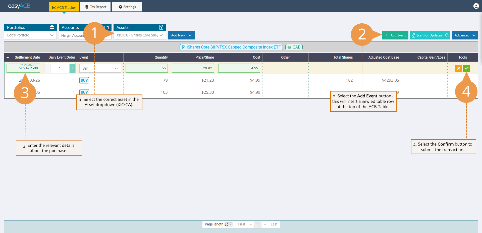 Input CAD Asset Sell Event Example