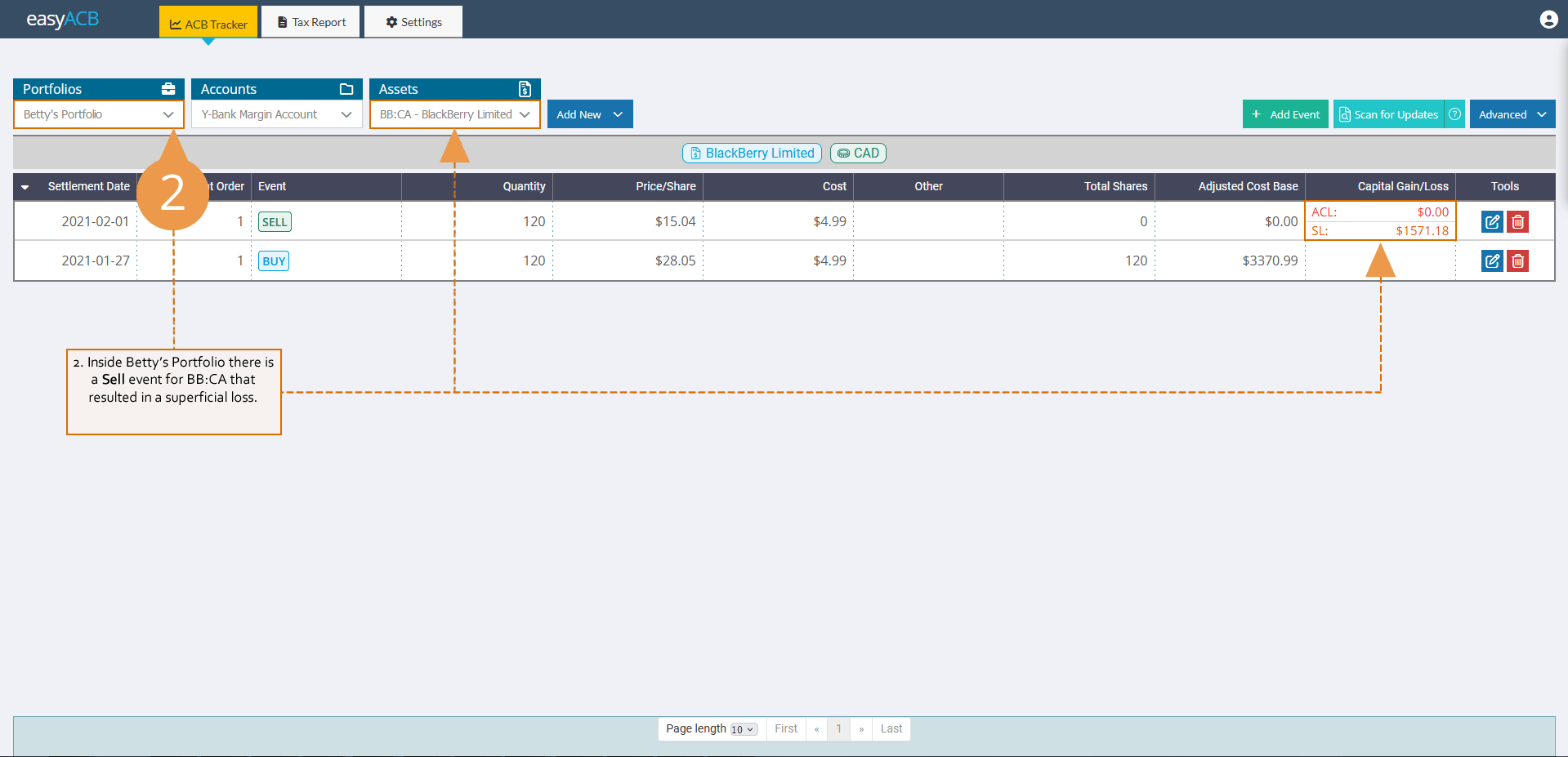 Sell event in affiliation results in superficial loss