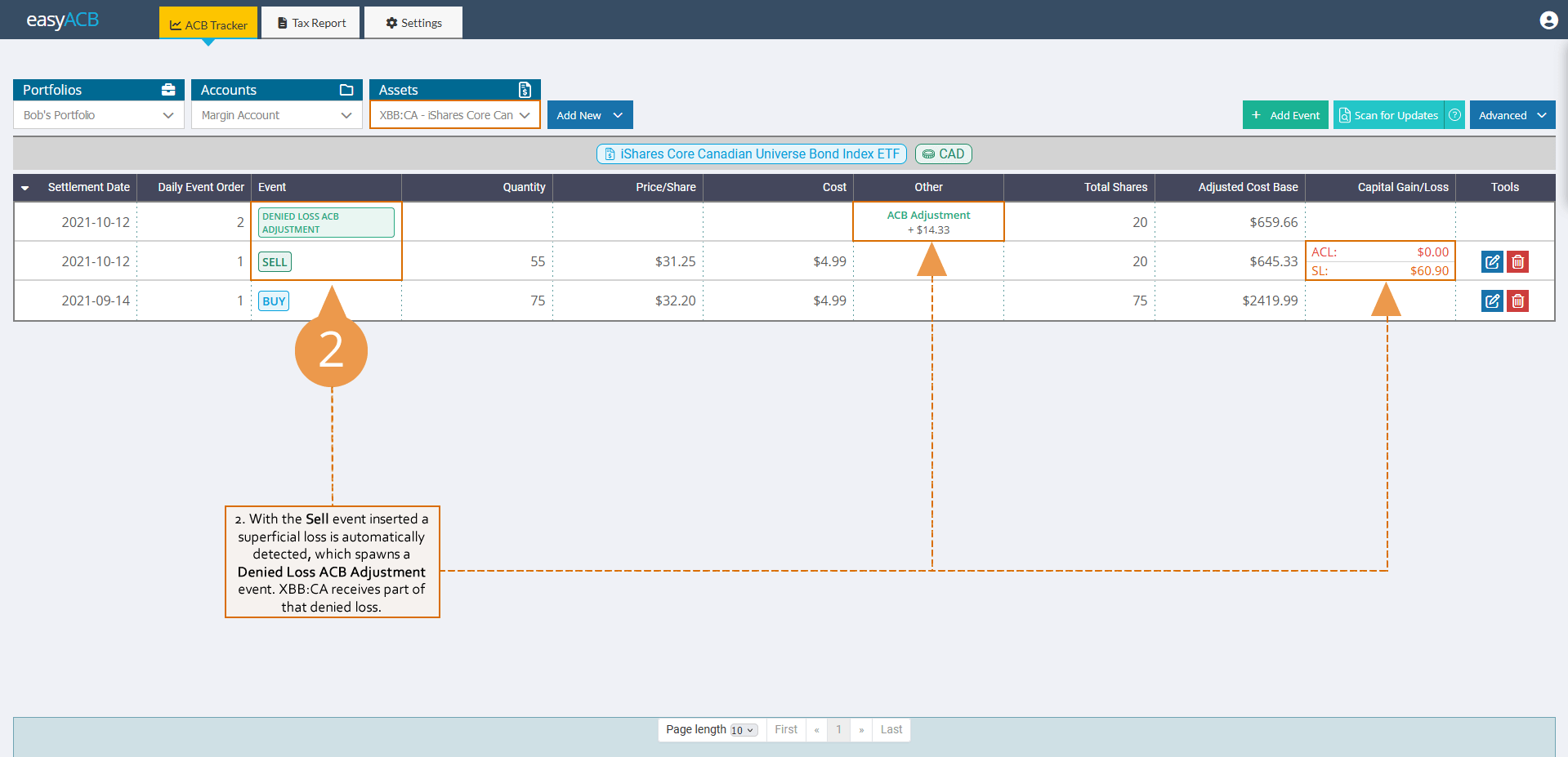 Sell event with a superficial loss spawns a Denied Loss ACB Adjustment ...