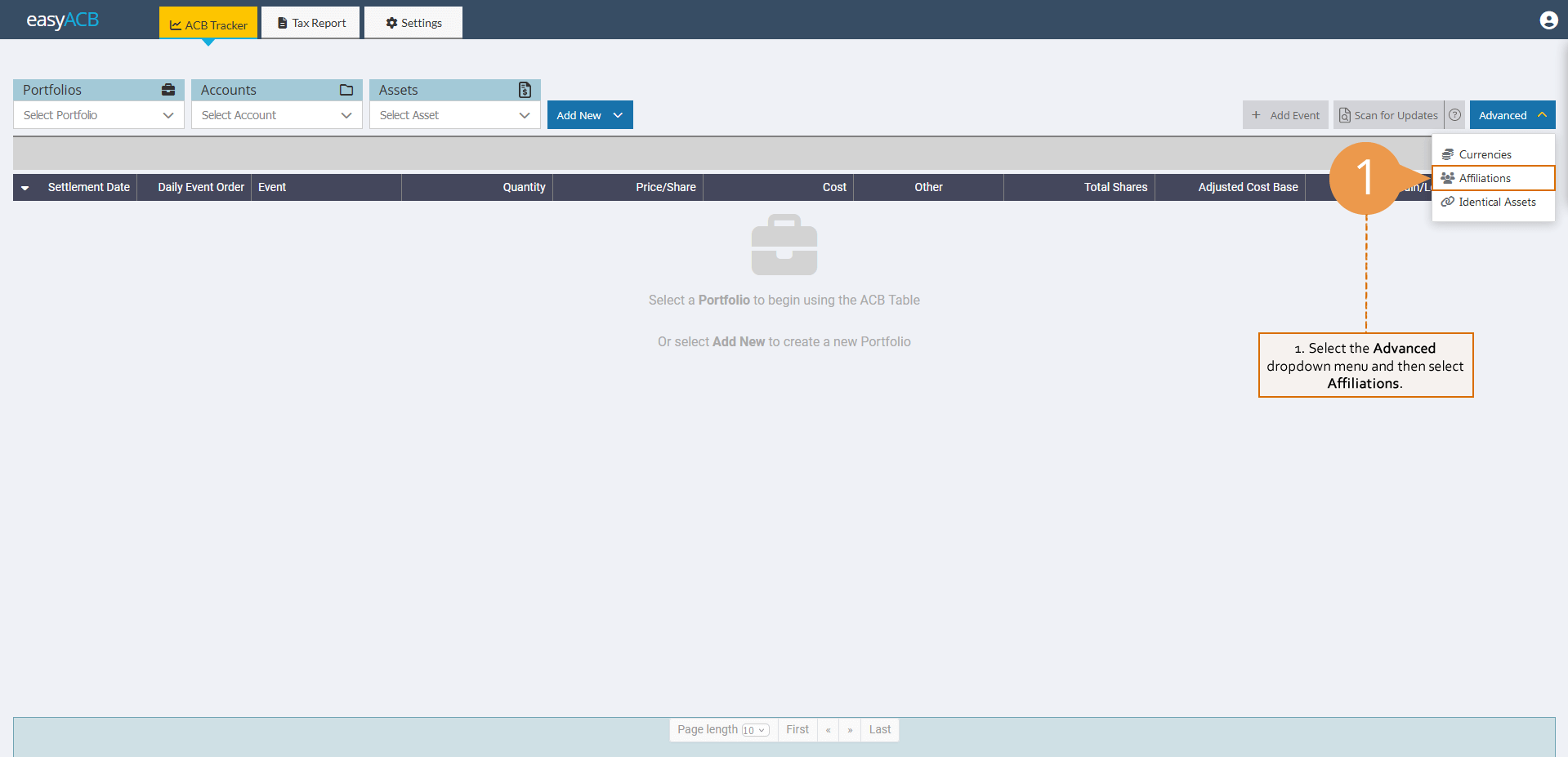 Select Affiliations option