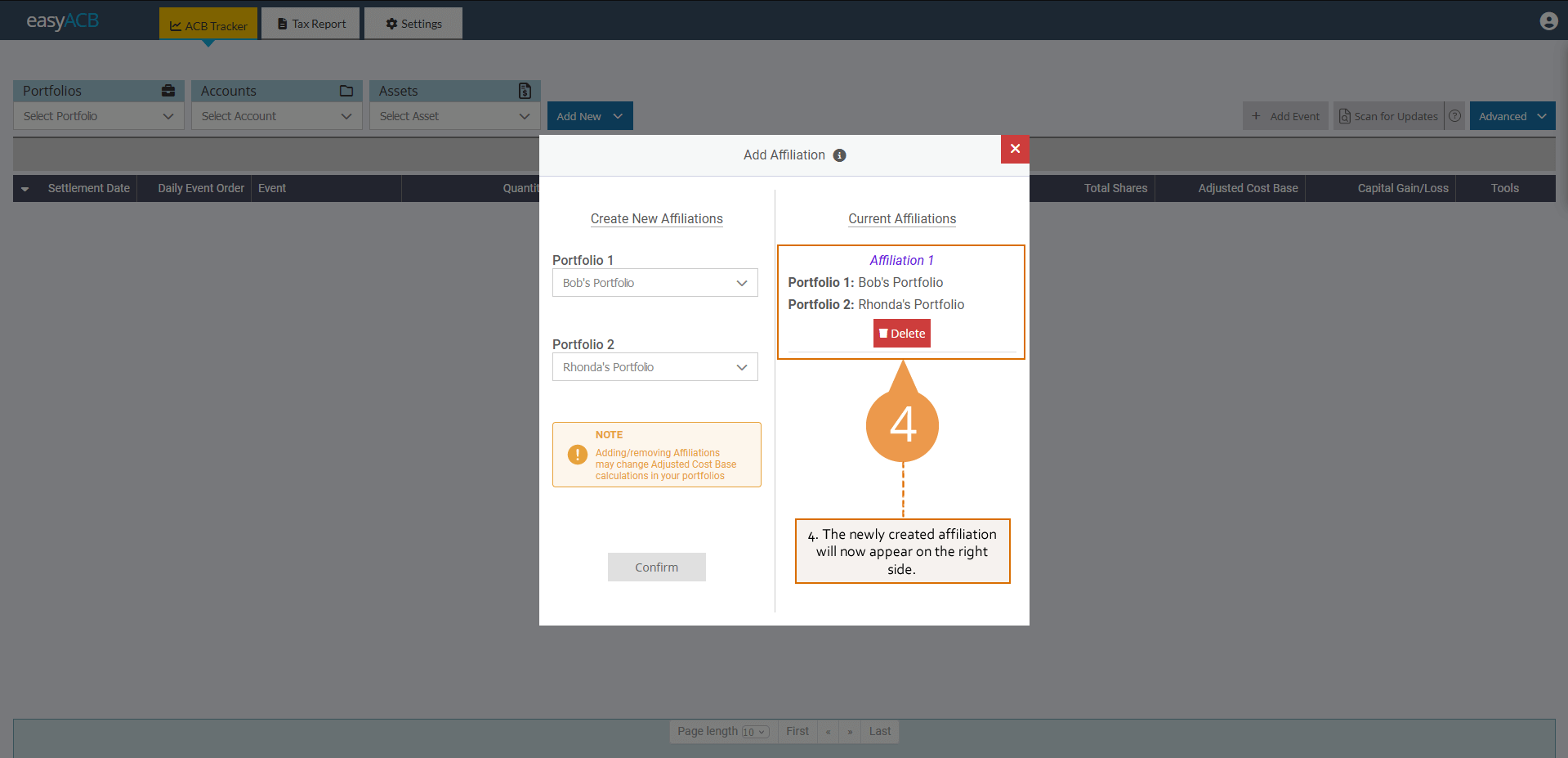 New affiliations group is displayed on right side